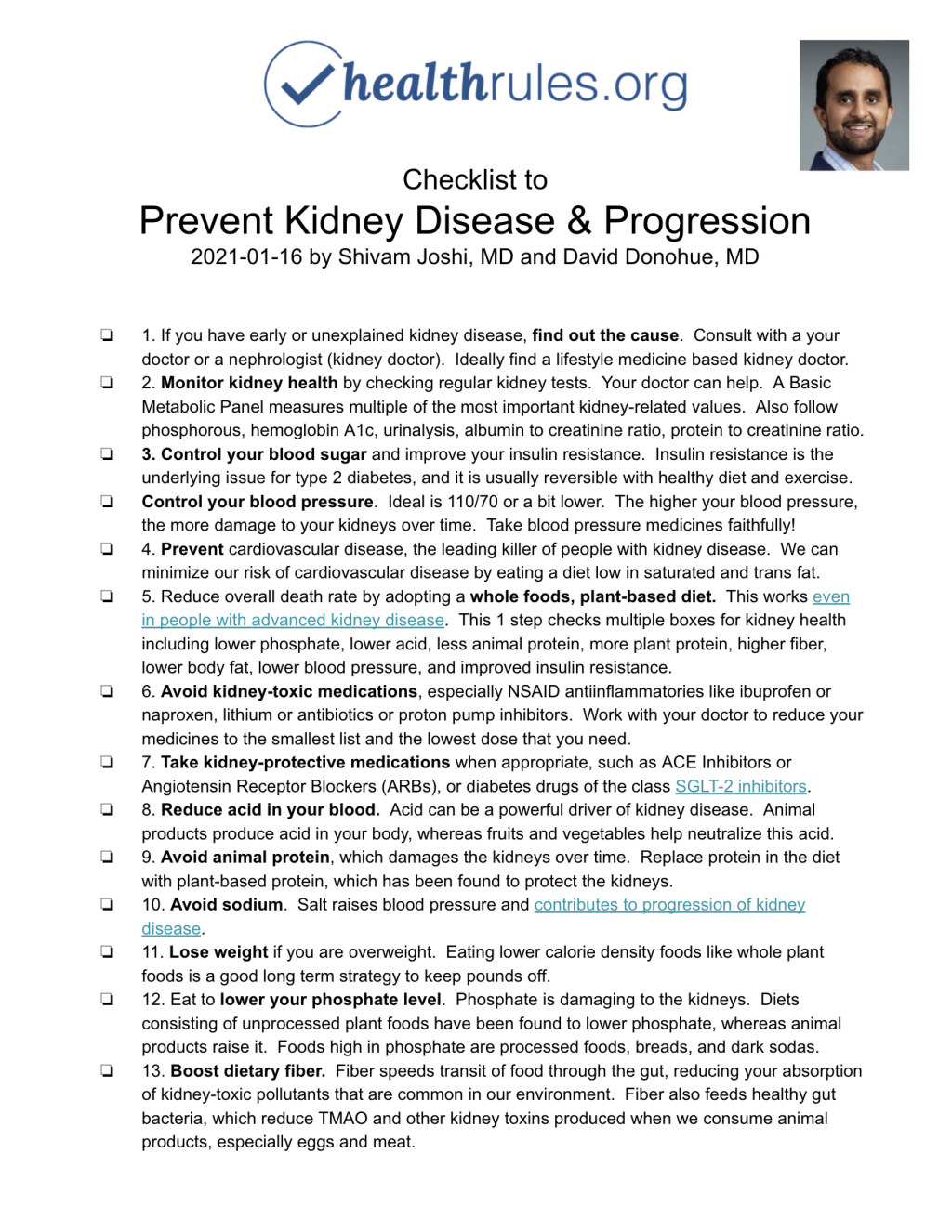 Checklist to Prevent Kidney Disease and Progression