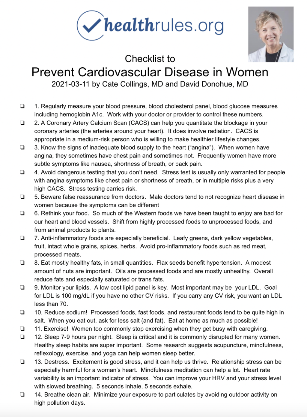 Checklist to Prevent Cardiovascular Disease in Women